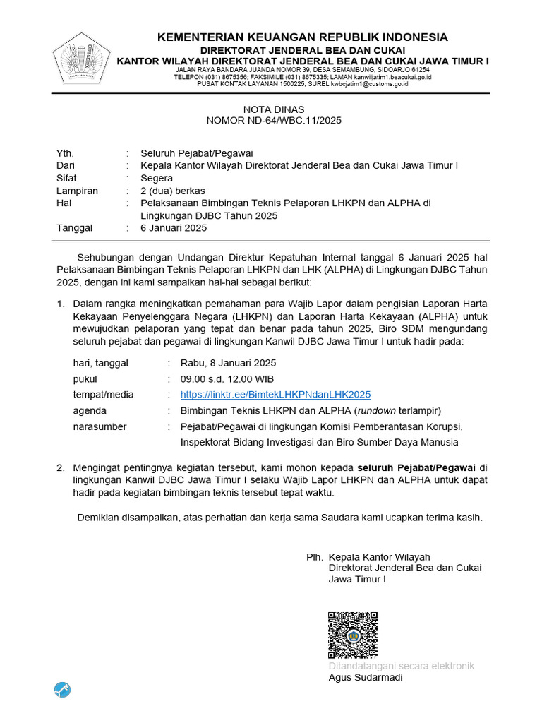 Pelaksanaan Bimbingan Teknis Pelaporan LHKPN Dan ALPHA Di Lingkungan DJBC Tahun 2025pdf | PDF