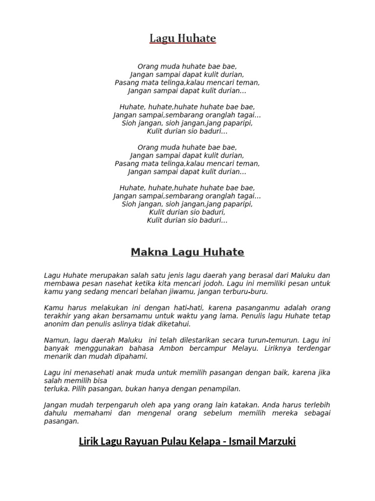 Makna dan Lirik Lagu Huhate | PDF