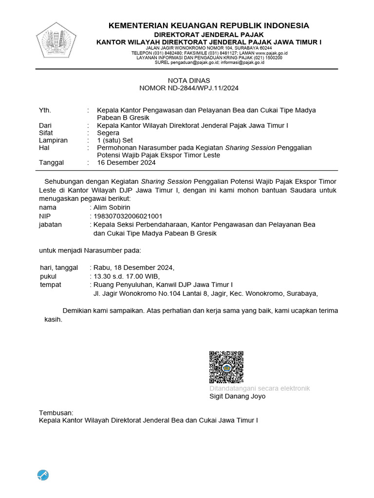 Permohonan Narasumber pada Kegiatan Sharing Session Penggalian Potensi Wajib Pajak Ekspor Timor ...
