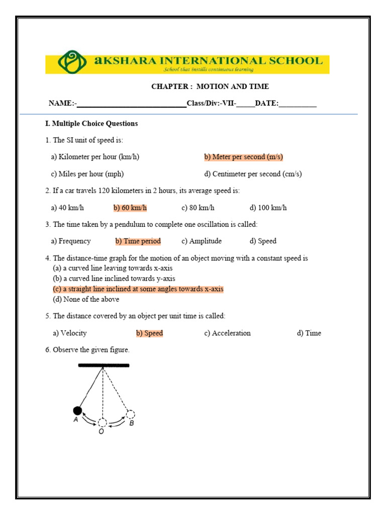 Grade 7 Motion & Time Quiz | PDF | Speed | Pendulum