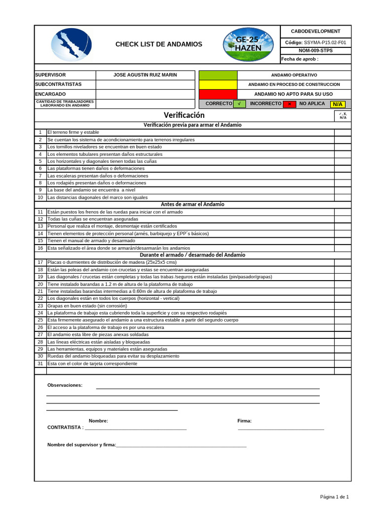 Checklist de Seguridad para Andamios | PDF | Andamio