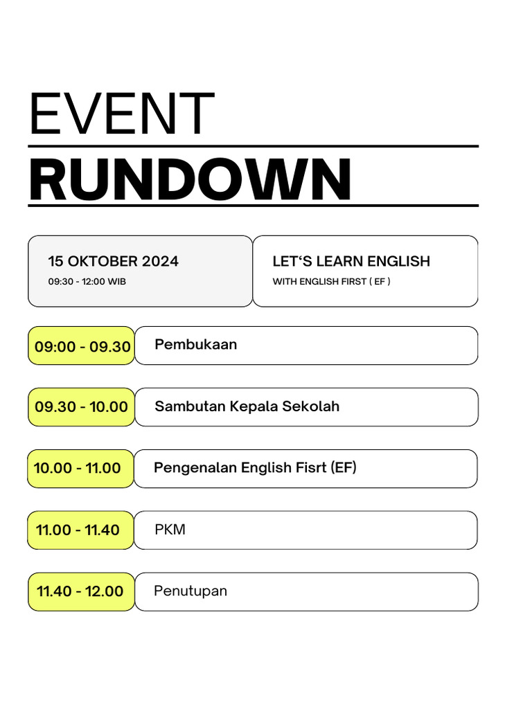 Black and White Minimalist Event Rundown Flyer | PDF