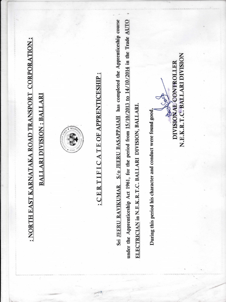 KSRTC Apprentice Certificate | PDF