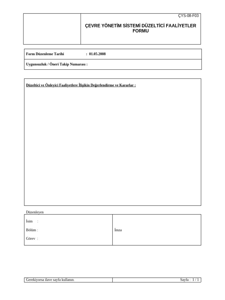 Cevre Yonetim Sistemi Duzeltici Faaliyetler Formu | PDF