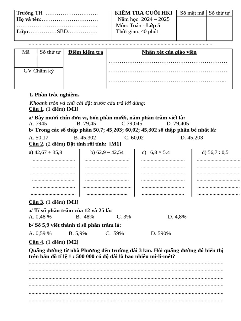2-Đề Toan 5 Cki 24-25 Huyền | PDF