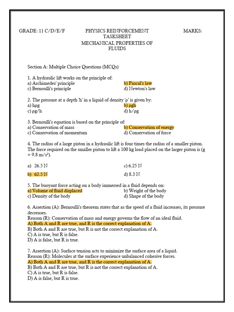 GRADE 11 Reinforcement TS Mech Props of Fluids. | PDF | Lift (Force ...