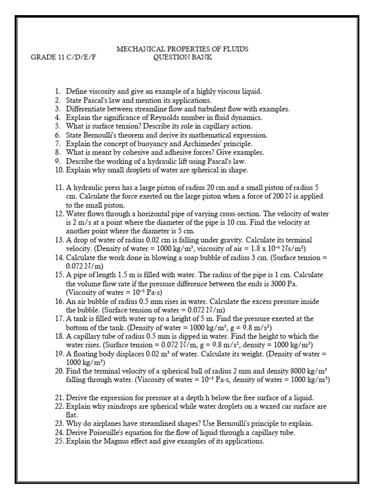 Mech Prop of Fluids Question Bank | PDF | Fluid Mechanics | Drop (Liquid)