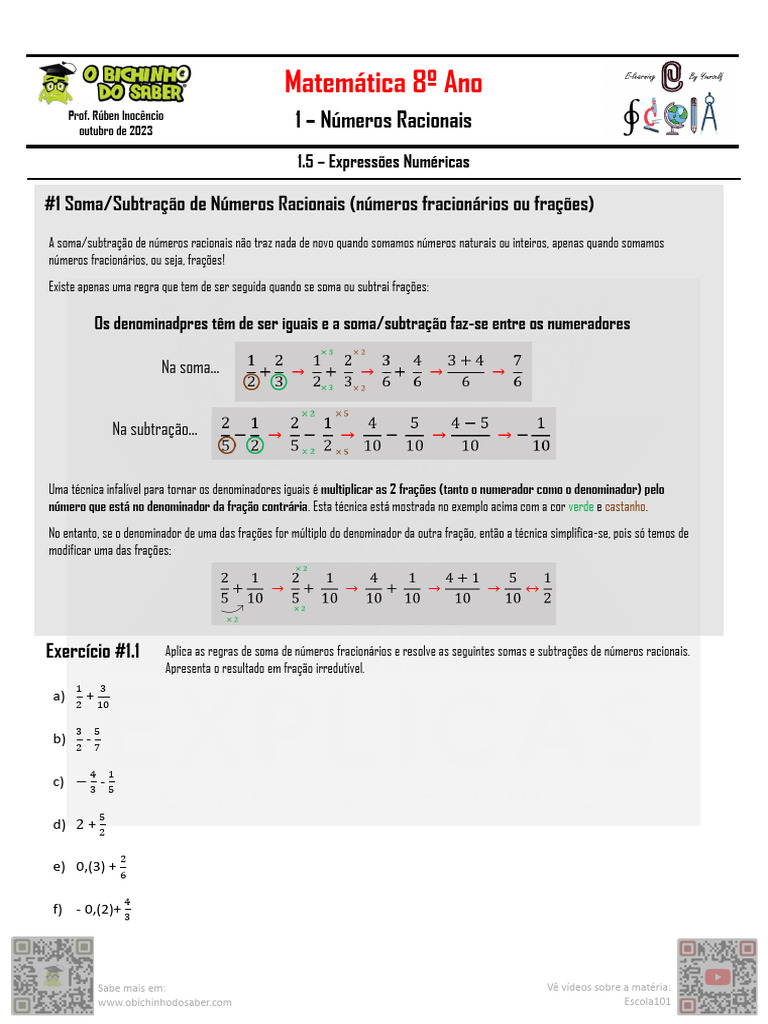 8mat 1 5 Expressoes Numericas | PDF | Número racional | Álgebra