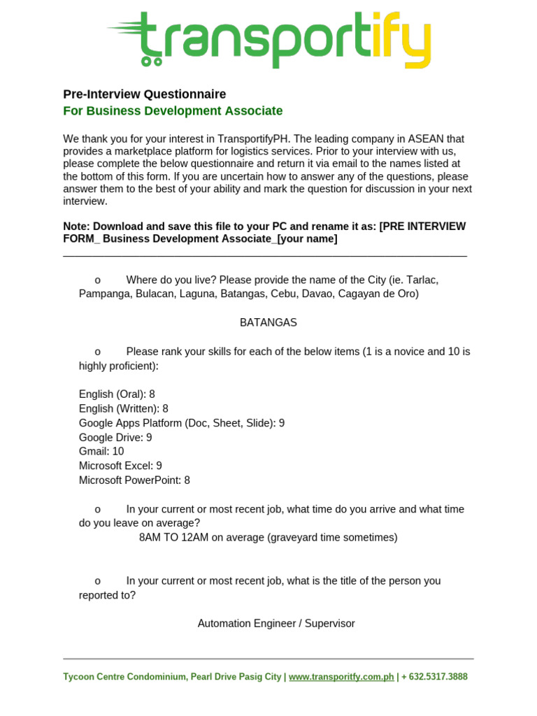 PRE INTERVIEW FORM - Business Development Associate - KenethBolado ...