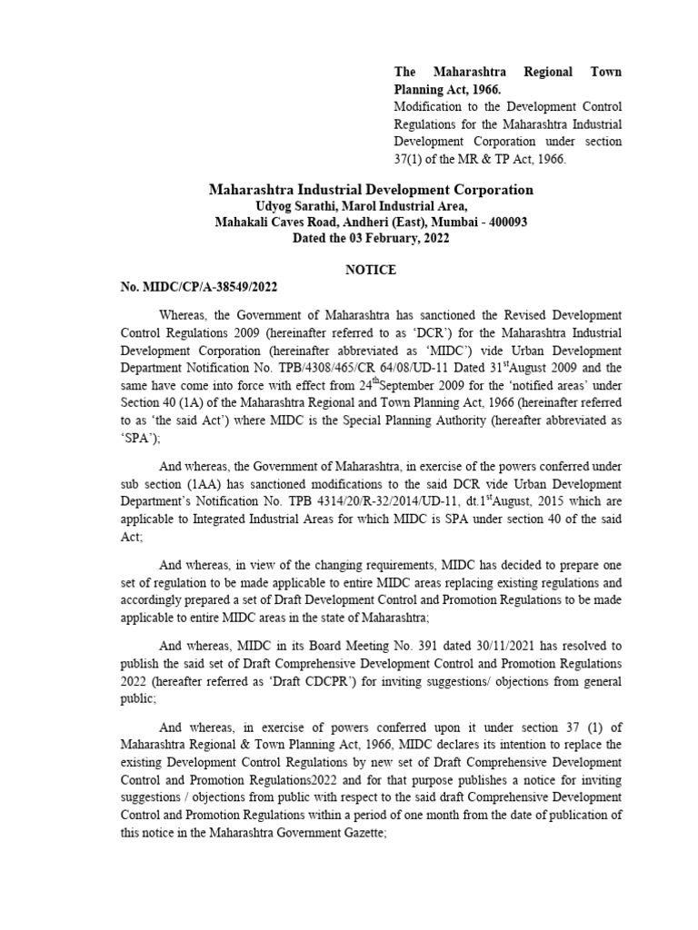 MIDC-Notice-CDCPR-English 2022 | PDF | Government