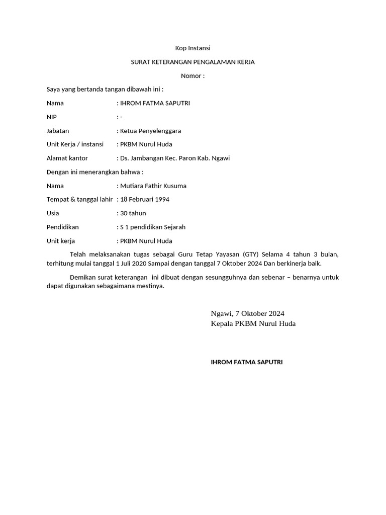 Surat Pengalam Kerja | PDF