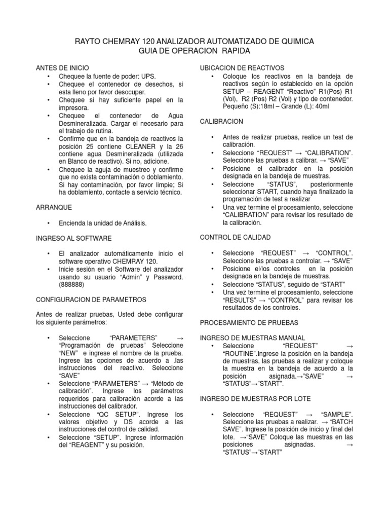 Guia Rapida de Operacion Chemray 120 | PDF