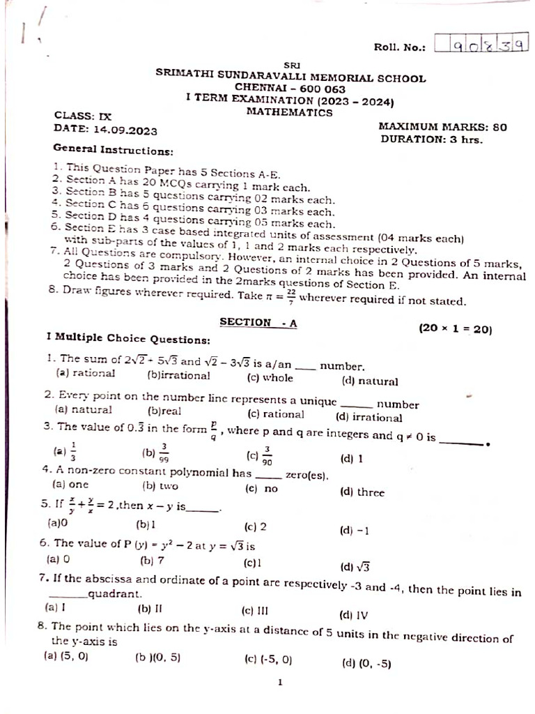 Maths Term 1 Last Year Question Paper | PDF