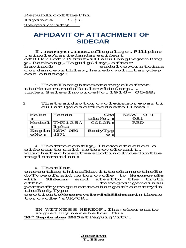 Affidavit of Attachment of Sidecar | PDF