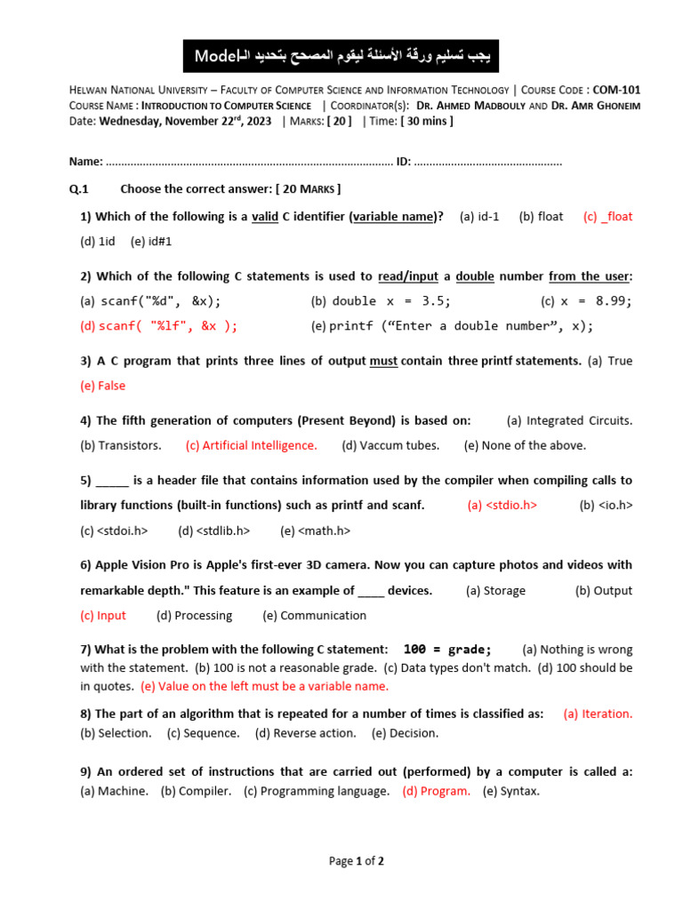 COM101 (HNU) Midterm Exam (Fall 2023) ANSWER KEY | PDF | Computer Program | Programming