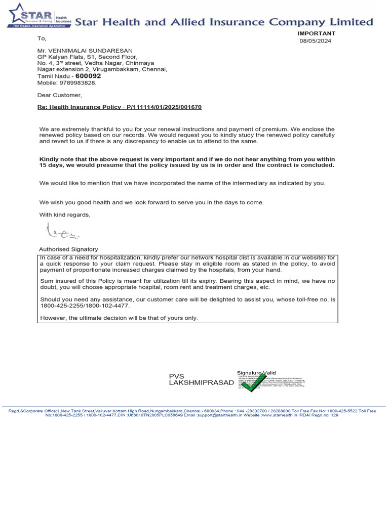 Star Health Ins 2024-25 | PDF | Insurance | Invoice