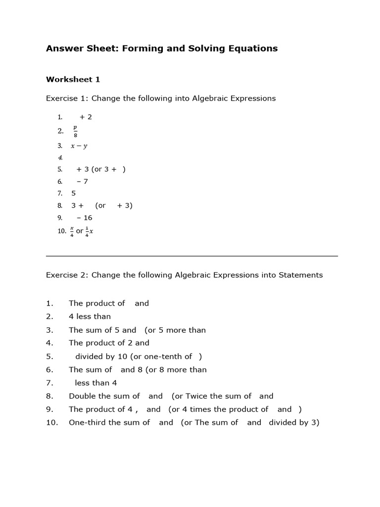 Forming and Solving Equations Worksheet | PDF