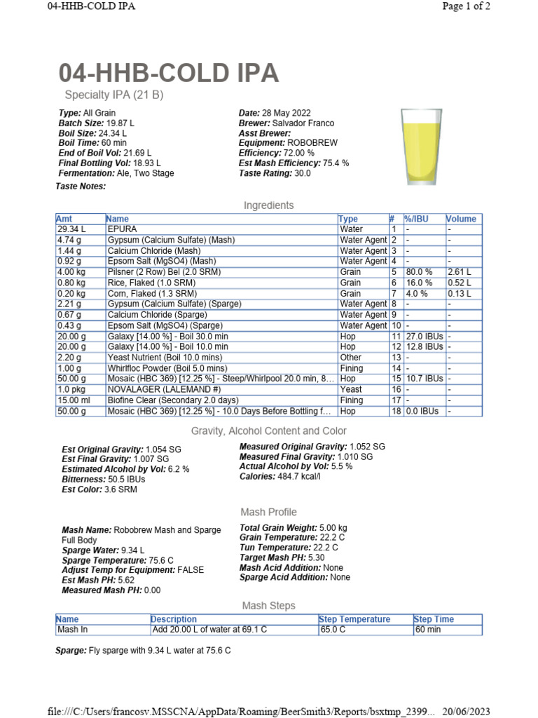 COLD IPA HOME bREW rECIPE | PDF | Brewing | Homebrewing