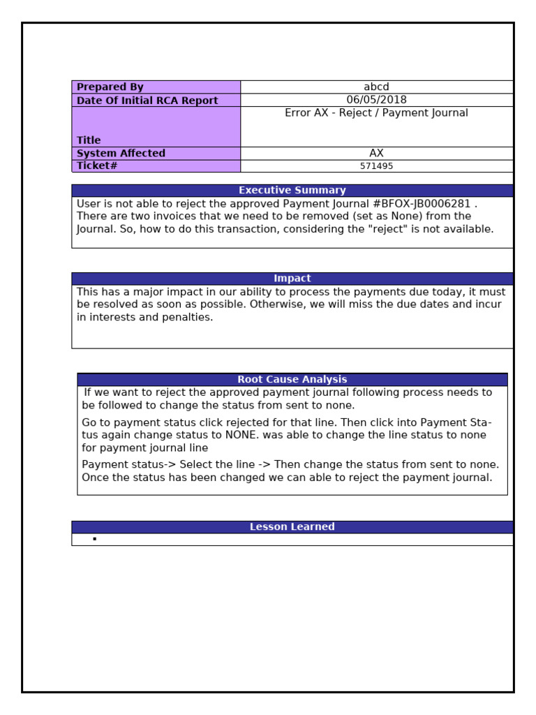 RCA - Error AX - Reject Payment Journal | PDF
