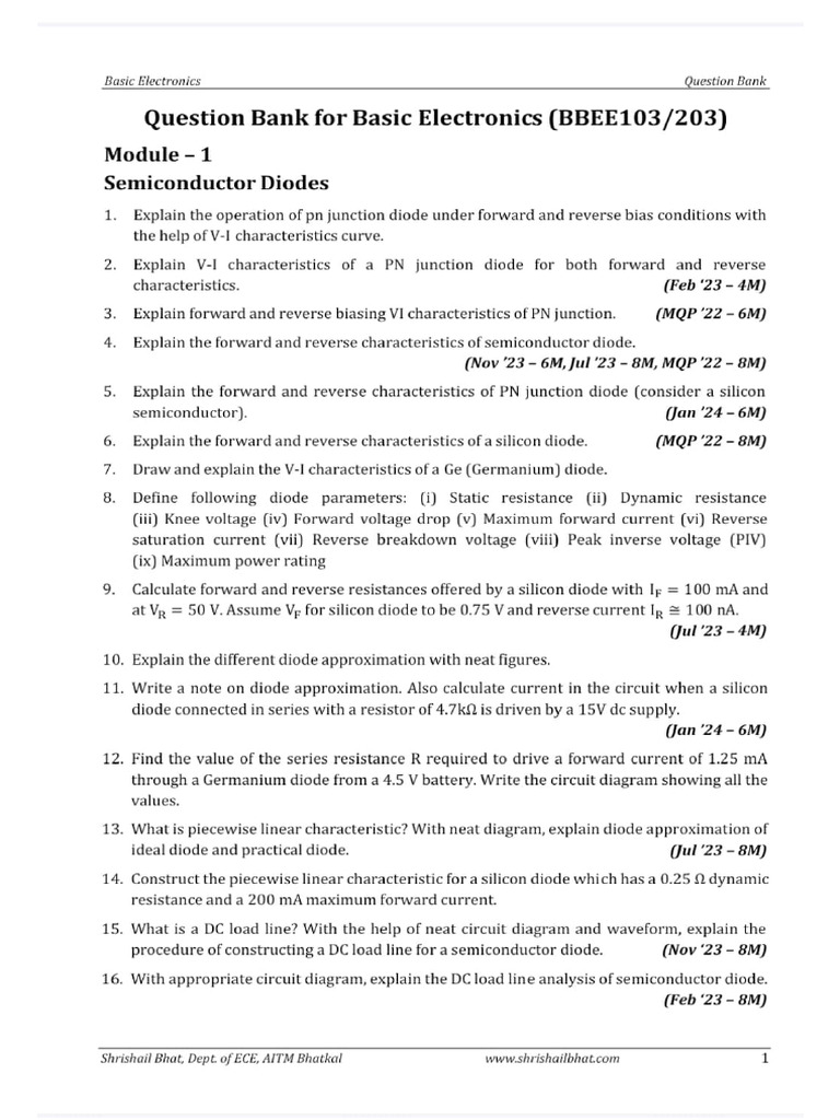 Basic Electronics Question Bank | PDF