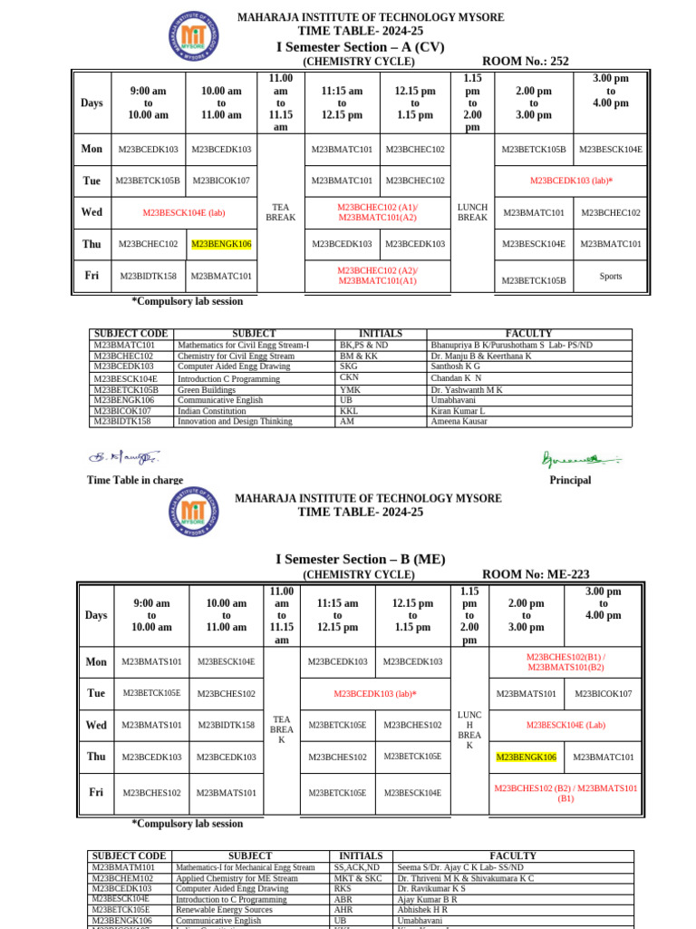 I Sem Time Table (1) (1) | PDF | Engineering | Physical Sciences
