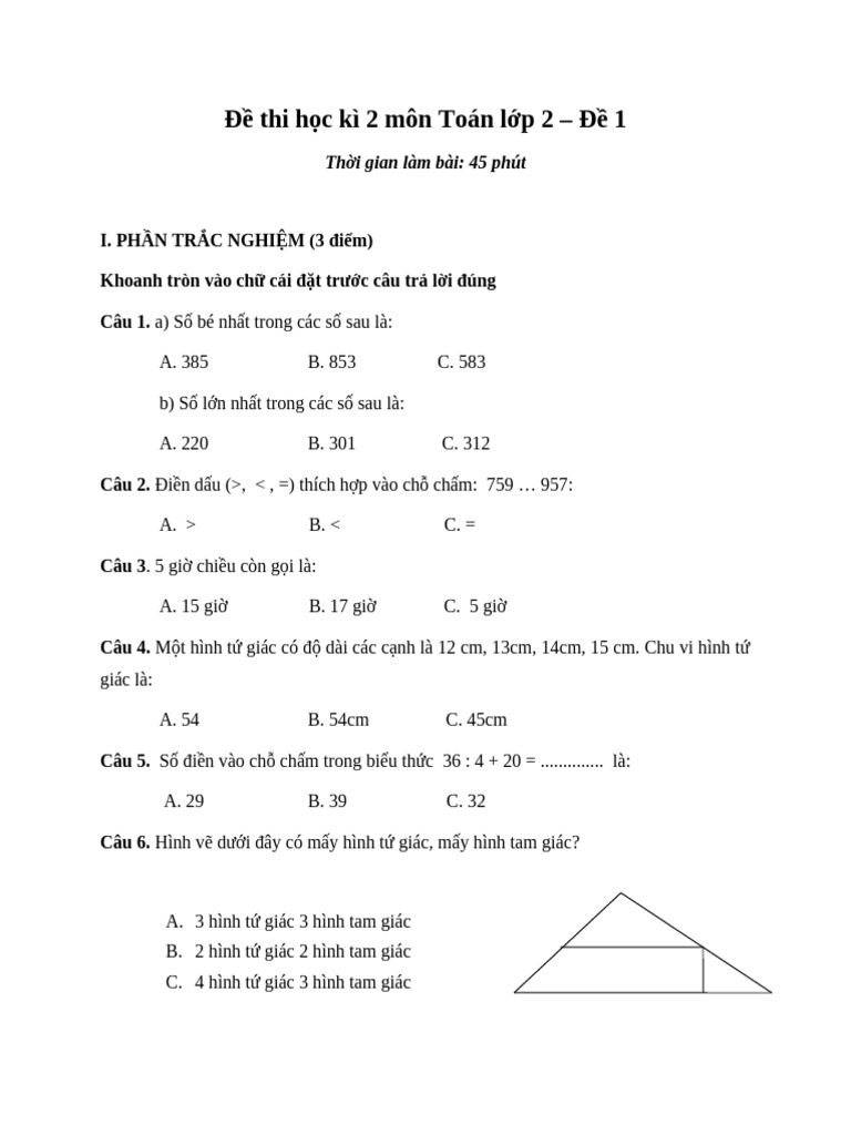 De Thi Hoc Ki 2 Mon Toan Lop 2 de 1 | PDF