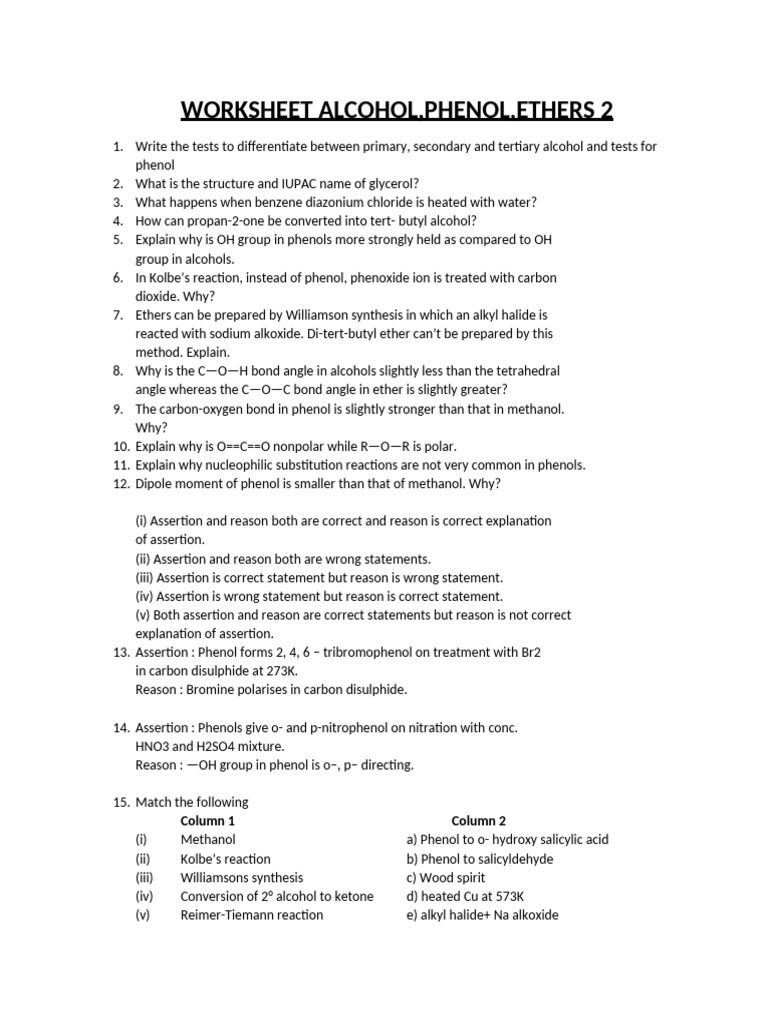 Alcohols, Phenols, and Ethers Worksheet | PDF