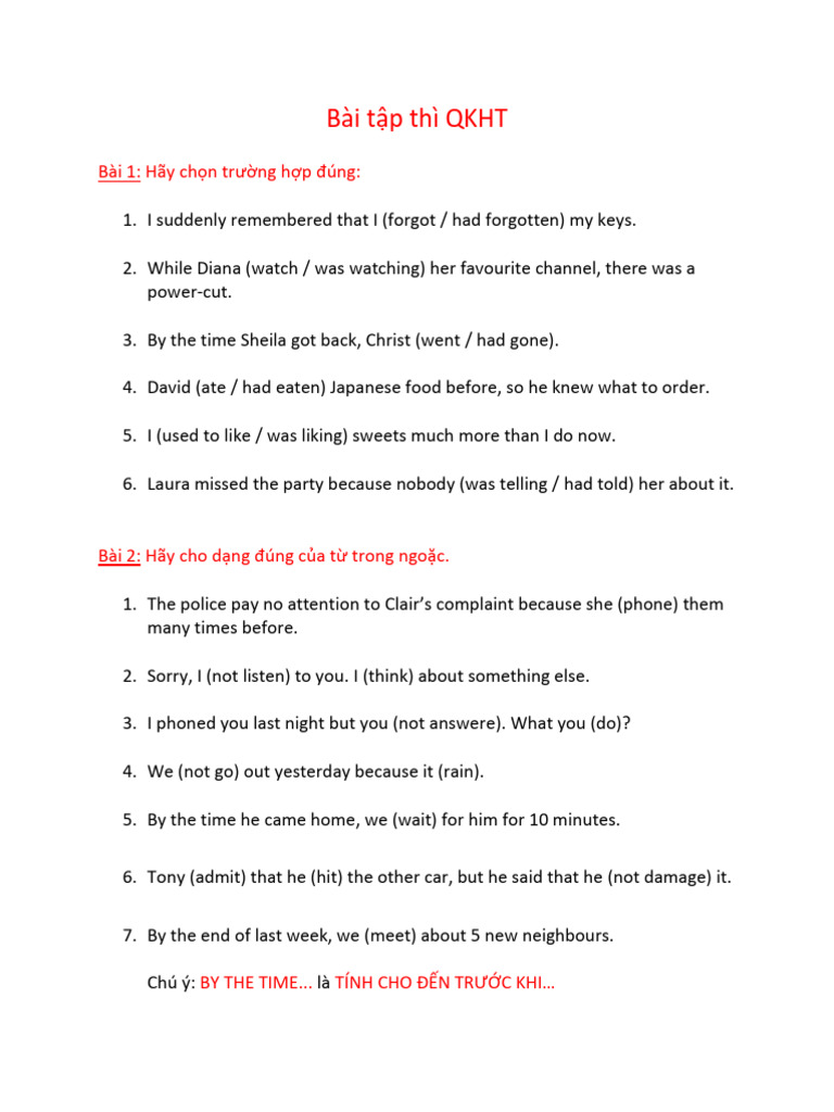 Bài tập thì QKHT | PDF