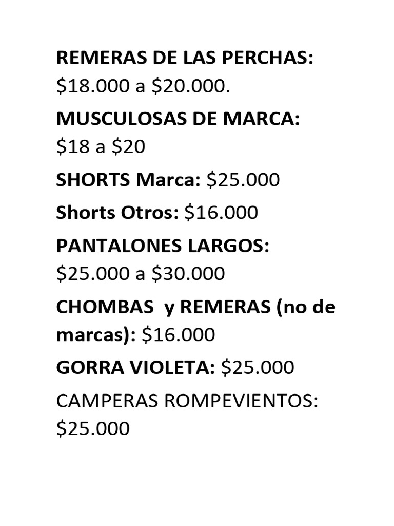 Precios de Ropa y Accesorios | PDF