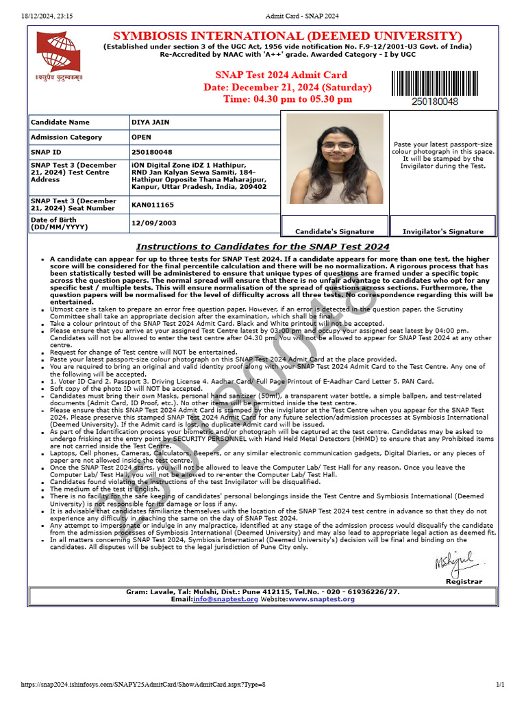Admit Card - SNAP 2024 | PDF | Identity Document | Government And Personhood