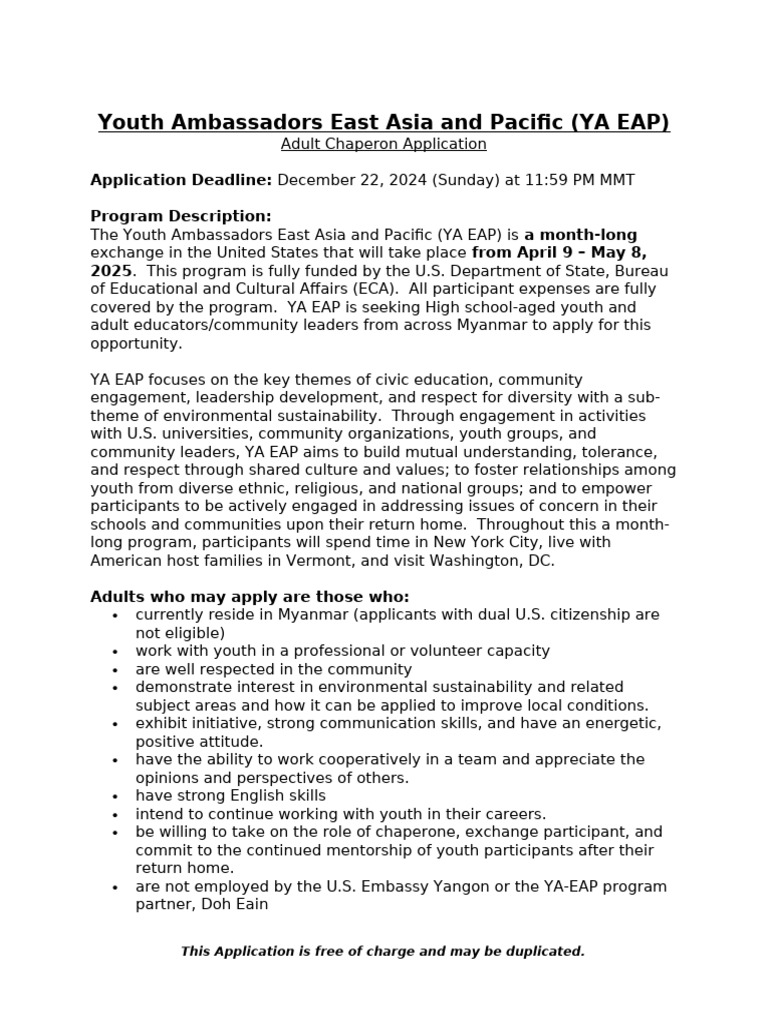 YA EAP Adult Chaperone Application | PDF | Community | Social Psychology