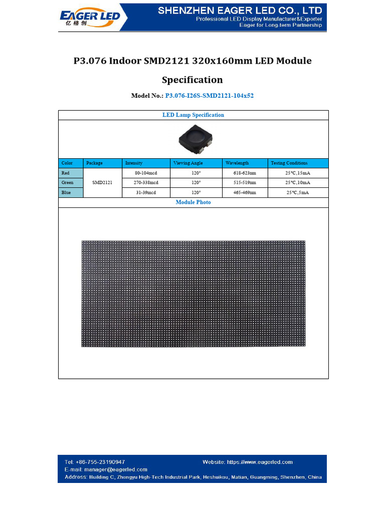 P3.076 320x160mm Indoor SMD2121 LED Module Specification | PDF