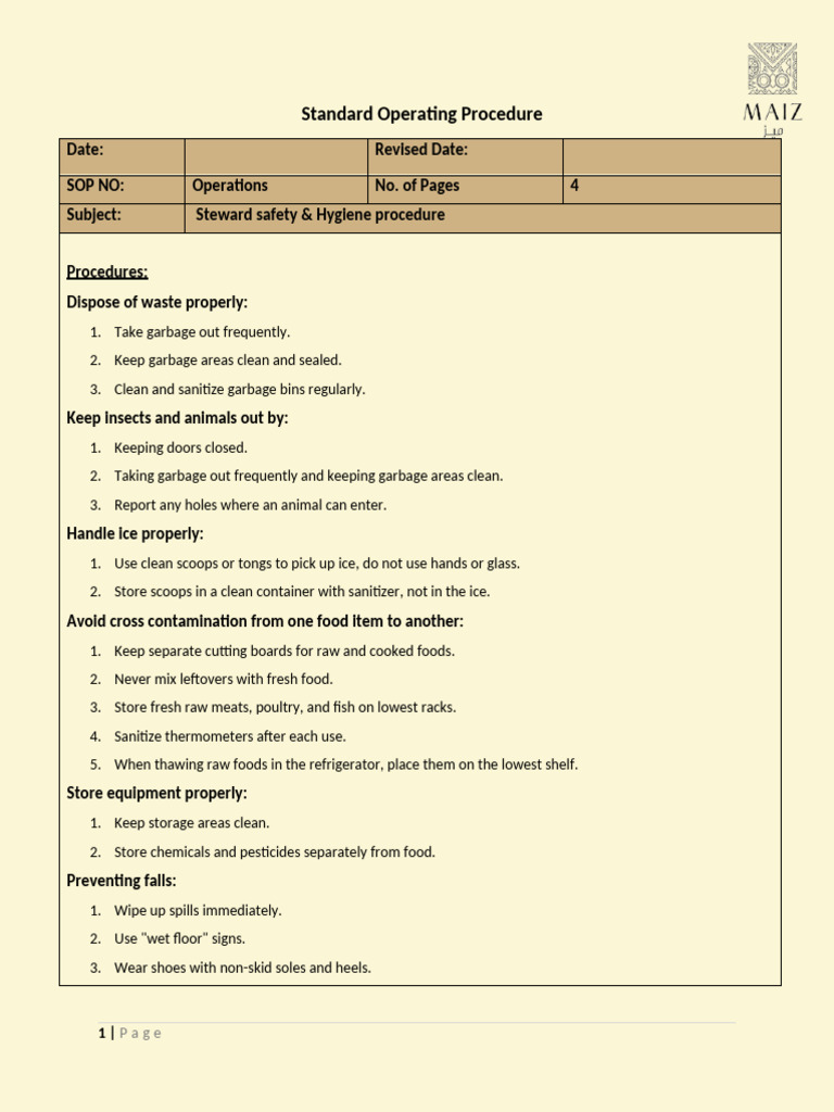 Kitchen Steward Safety & Hygiene Procedure | PDF