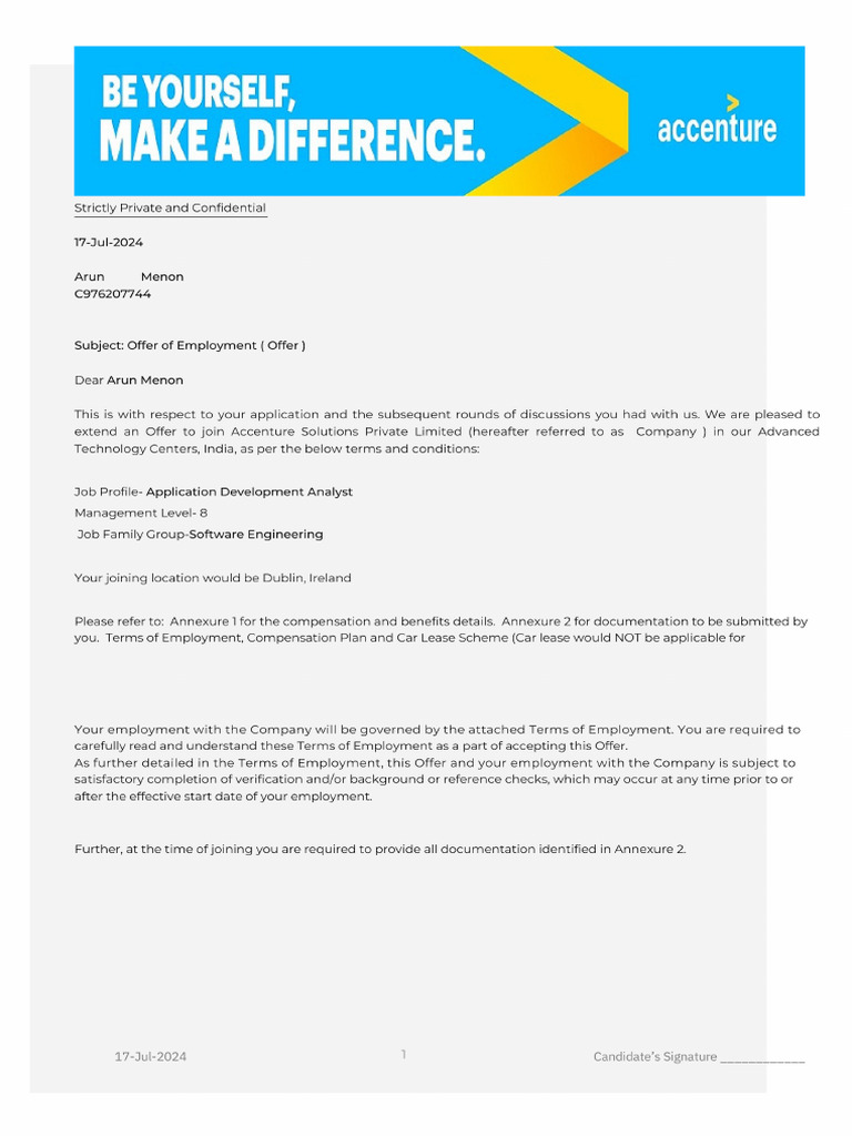 Arun Menon Offer Letter Accenture 0789:2024 | PDF