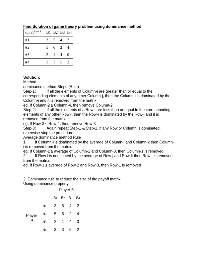 Find Solution of Game Theory Problem Using Dominance Method | PDF
