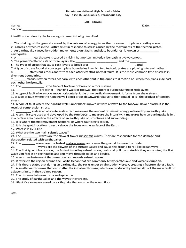 Earthquake Test Pdf Earthquakes Fault Geology