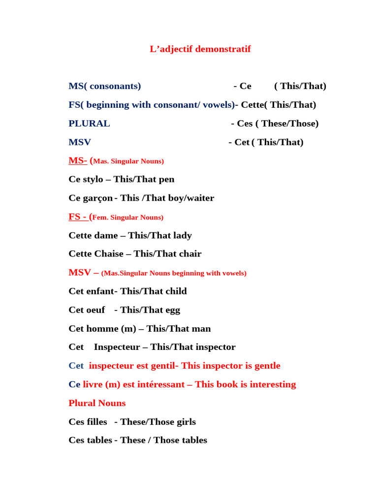 Adjectifs démonstratifs en français | PDF