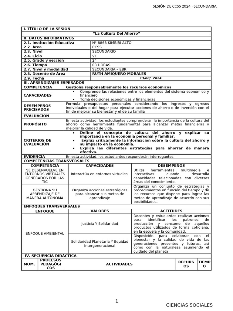2º Sesiones Sem 3 Uni 4 - CCSS 2024 | PDF | Maestros | Ahorro