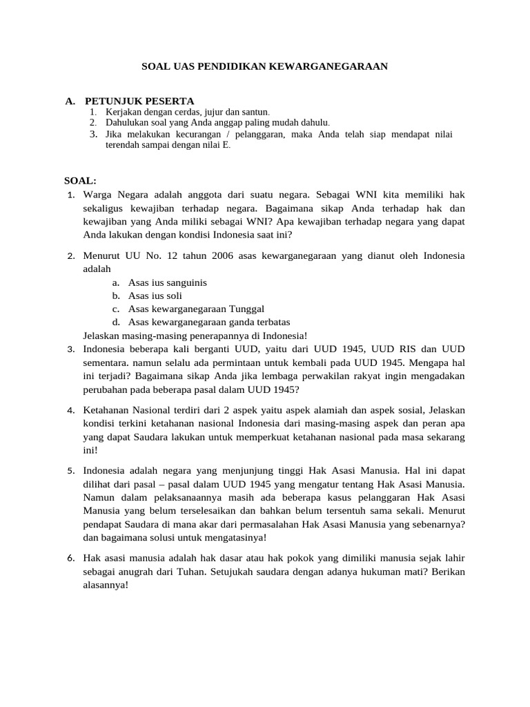 Soal Uas Pendidikan Kewarganegaraan 2024 | PDF