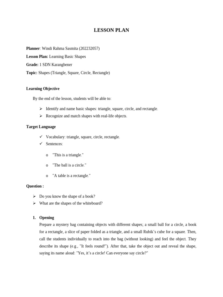 Lesson Plan (Shapes)_Windi Rahma Sasmita_202232057_5B | PDF | Shape | Learning