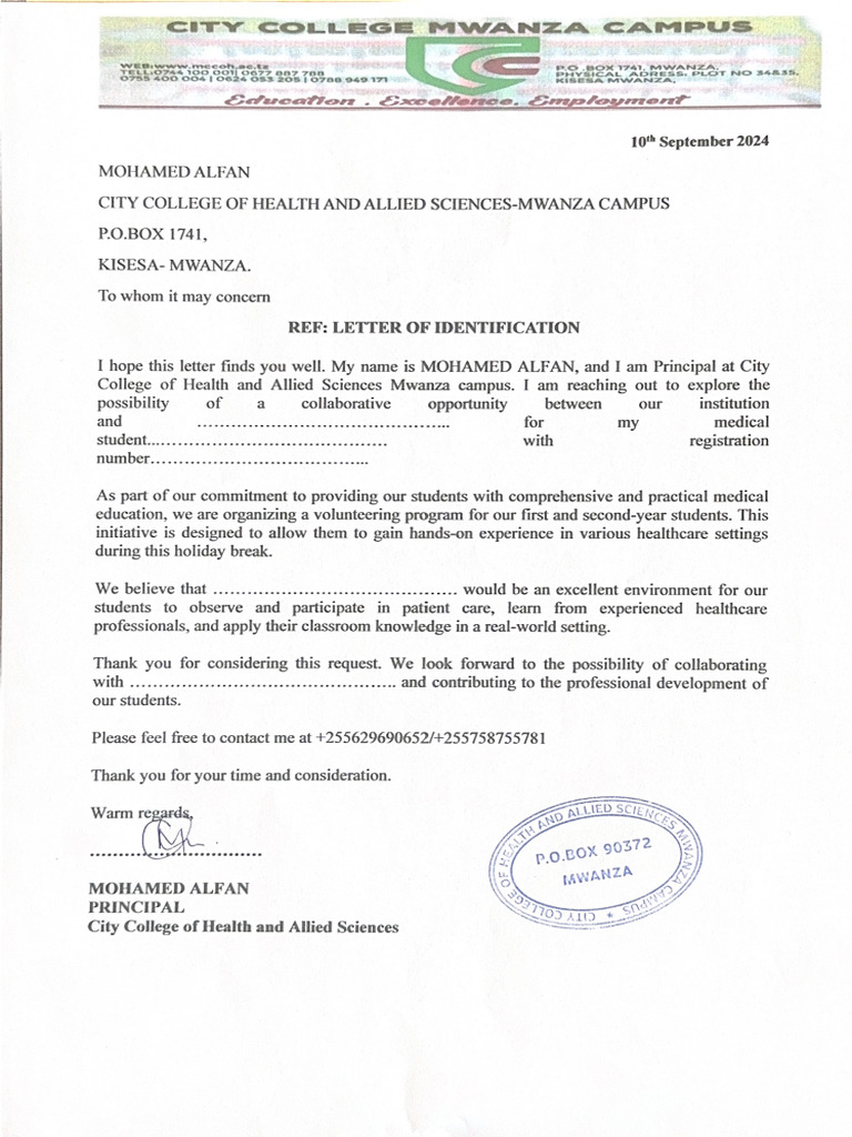 BARUA YA UTAMBULISHO WA KUJITOLEA | PDF