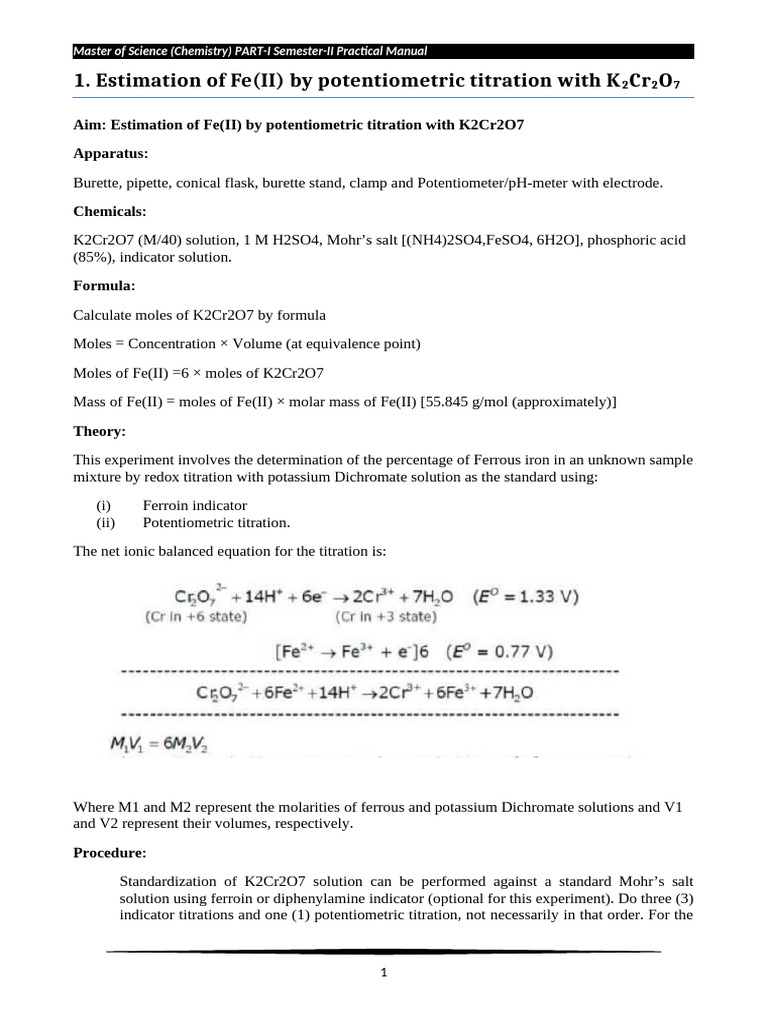 Estimation of Fe (II) by Potentiometric Titration With K2Cr2O7 | PDF ...