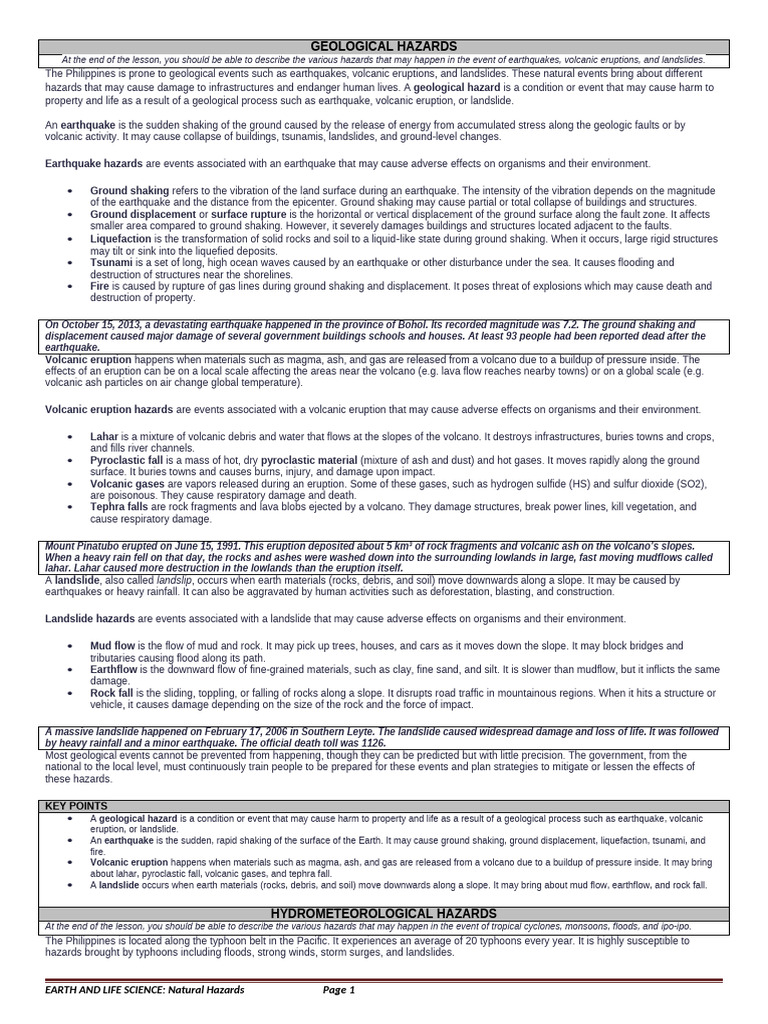 HANDOUTS-Natural Hazards | PDF | Earthquakes | Volcano