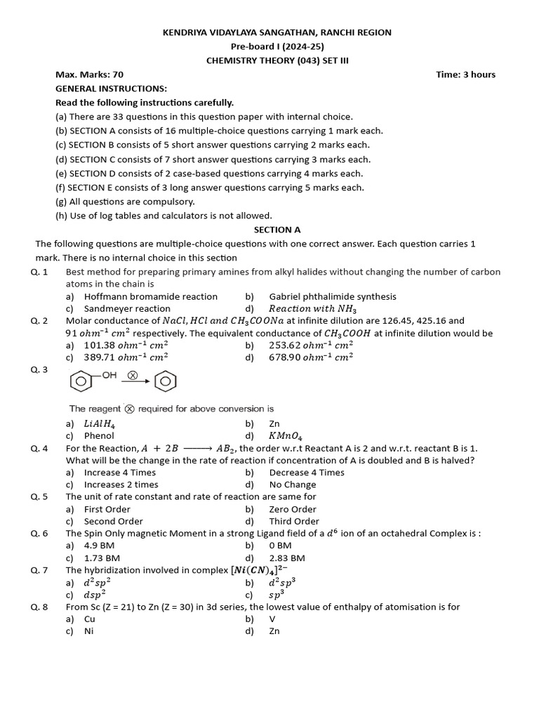 Class XII Question Paper First Preboard Chemistry | PDF | Reaction Rate ...