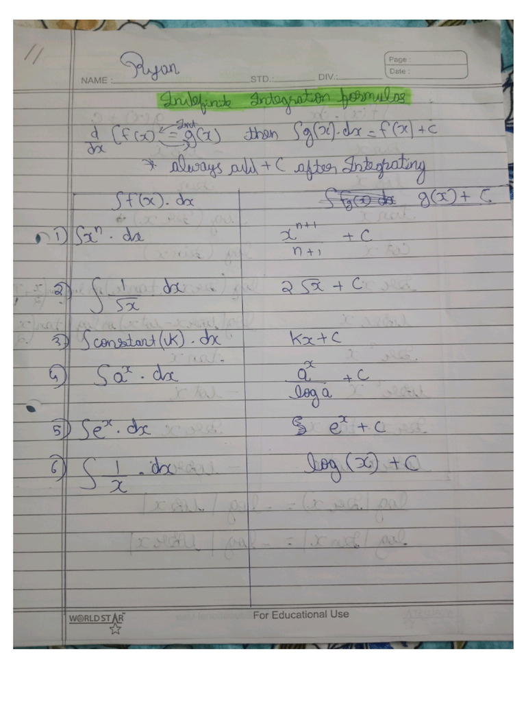 Indefinite Integration Formulas | PDF