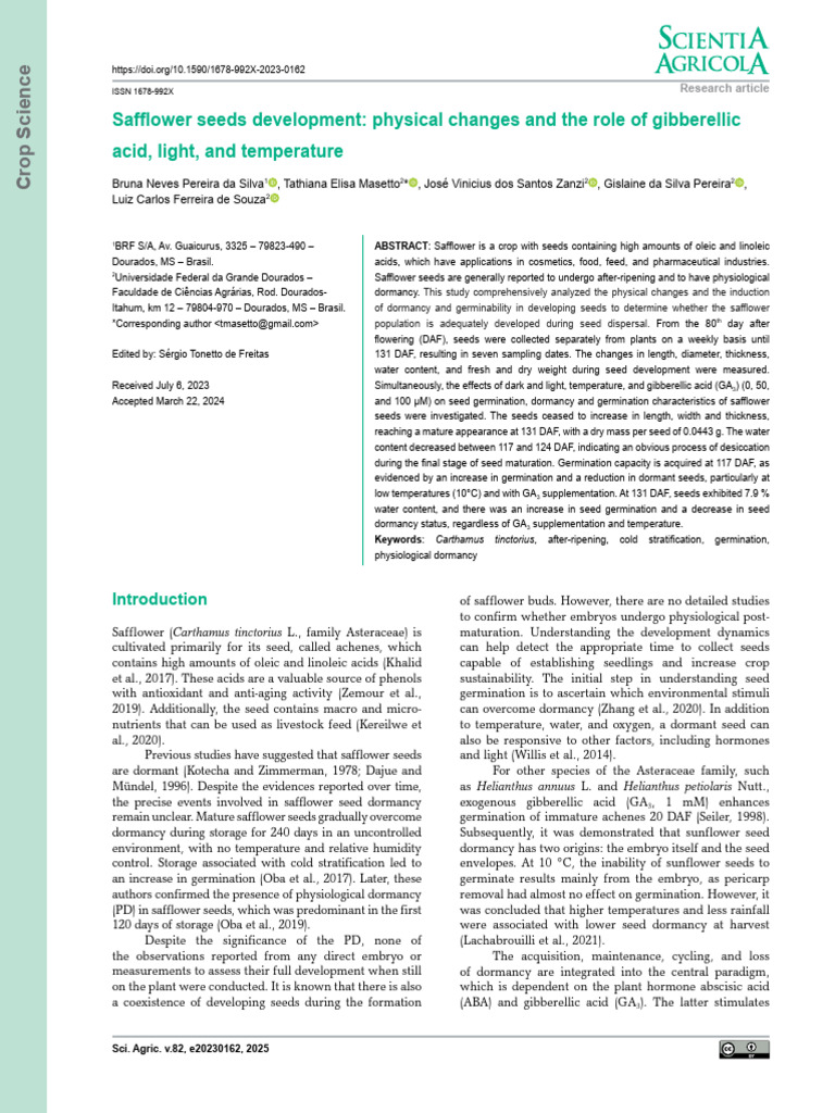 Safflower Seeds Development Physical Changes and The Role of Gibberellic | PDF | Seed | Germination
