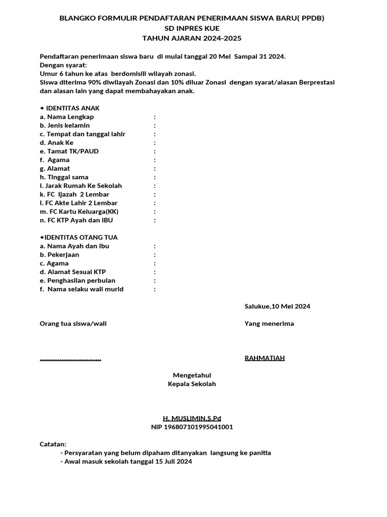 Blangko Formulir Pendaftaran Penerimaan Siswa Baru | PDF