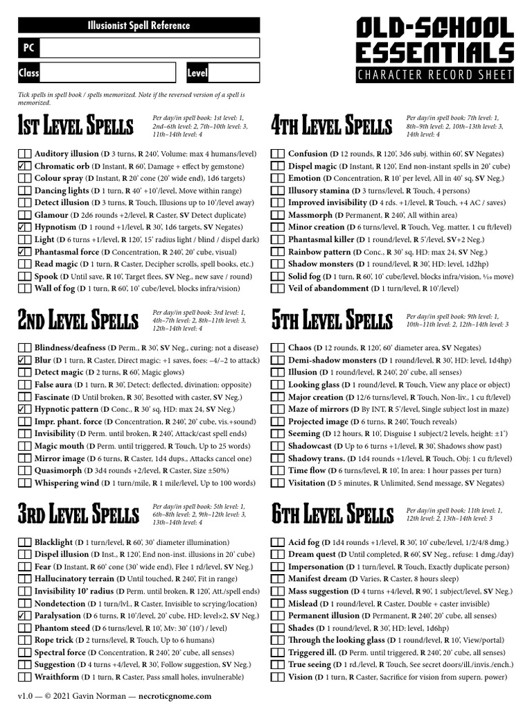 Illusionist Spell Reference Sheet | PDF