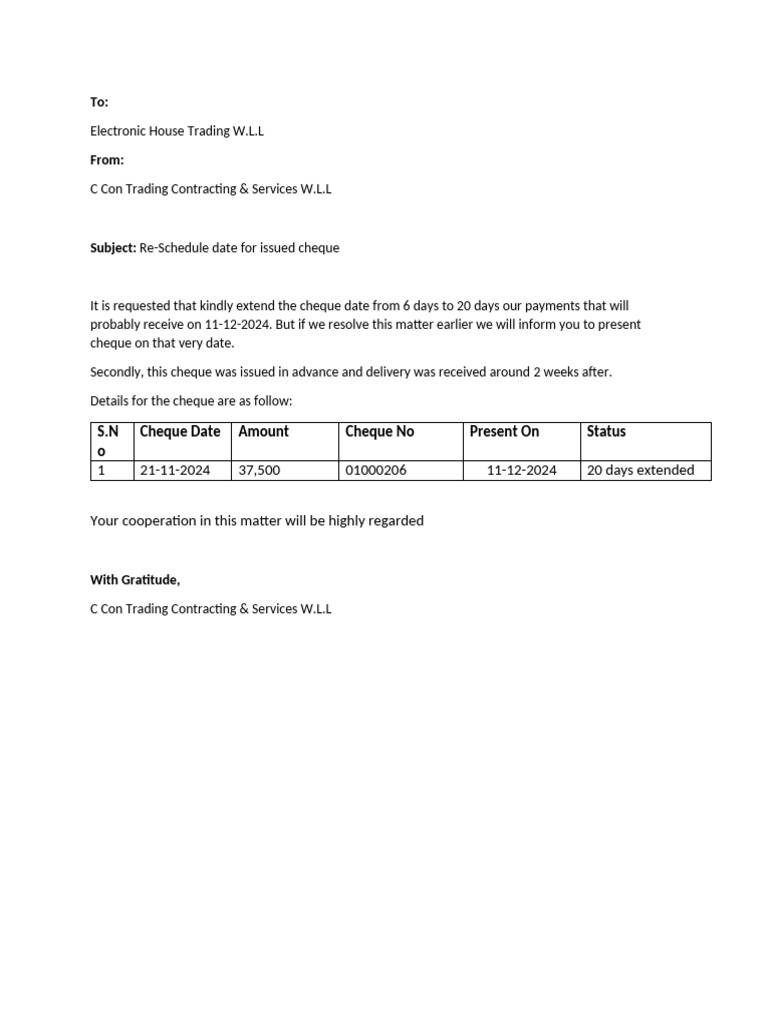 Cheque Date Extension Request | PDF