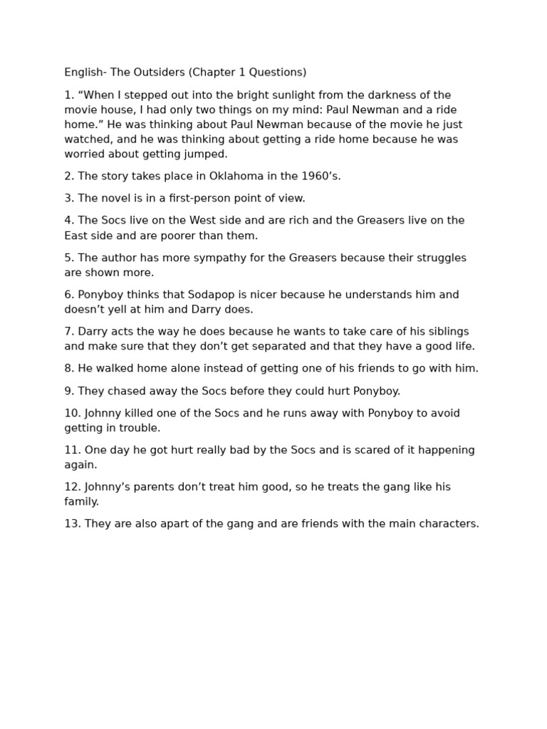 Chapter 1 Questions: The Outsiders | PDF